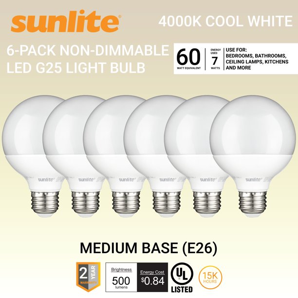 Sunlite LED G25 Globe Light Bulb, 7 Watts, 500 Lumens, Medium (E26) Base, 4000K Cool White, 6 ...