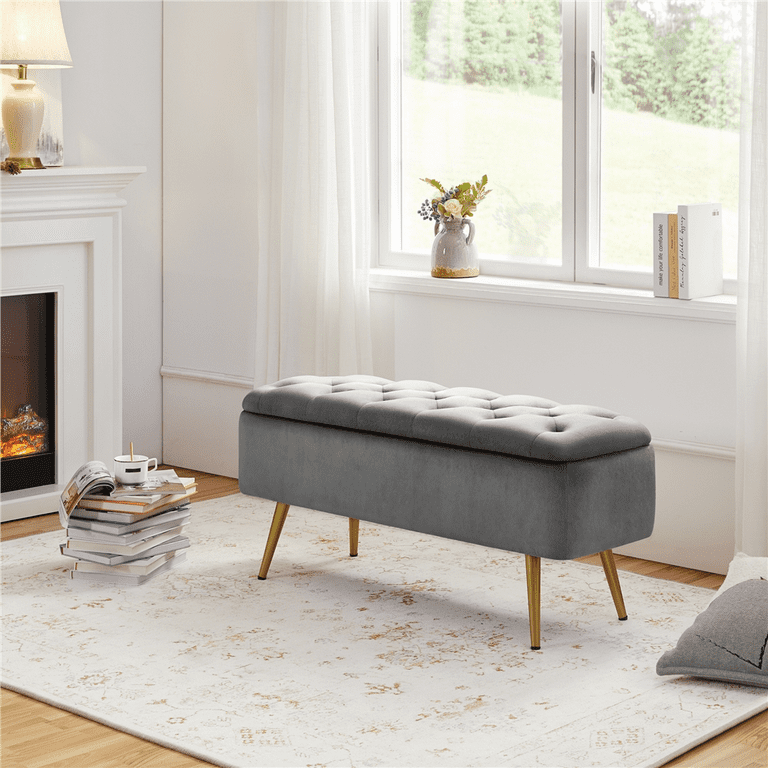 Alden Design Modern Velvet Upholstered Storage Bench with Metal Legs for Bedroom Gray