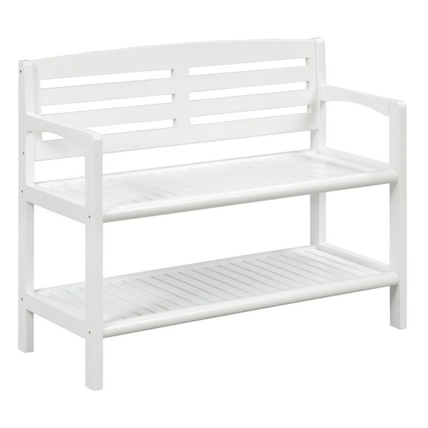 White Finish Solid Wood Slat Bench with High Back and Shelf - Walmart.com