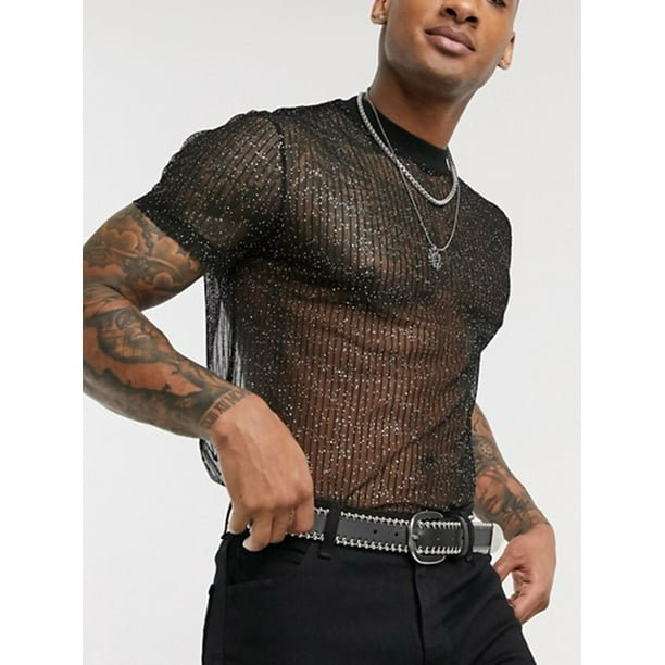 INCERUN Men's Mesh Sheer Short Sleeve Tops Slim Muscle Shirt Party See ...