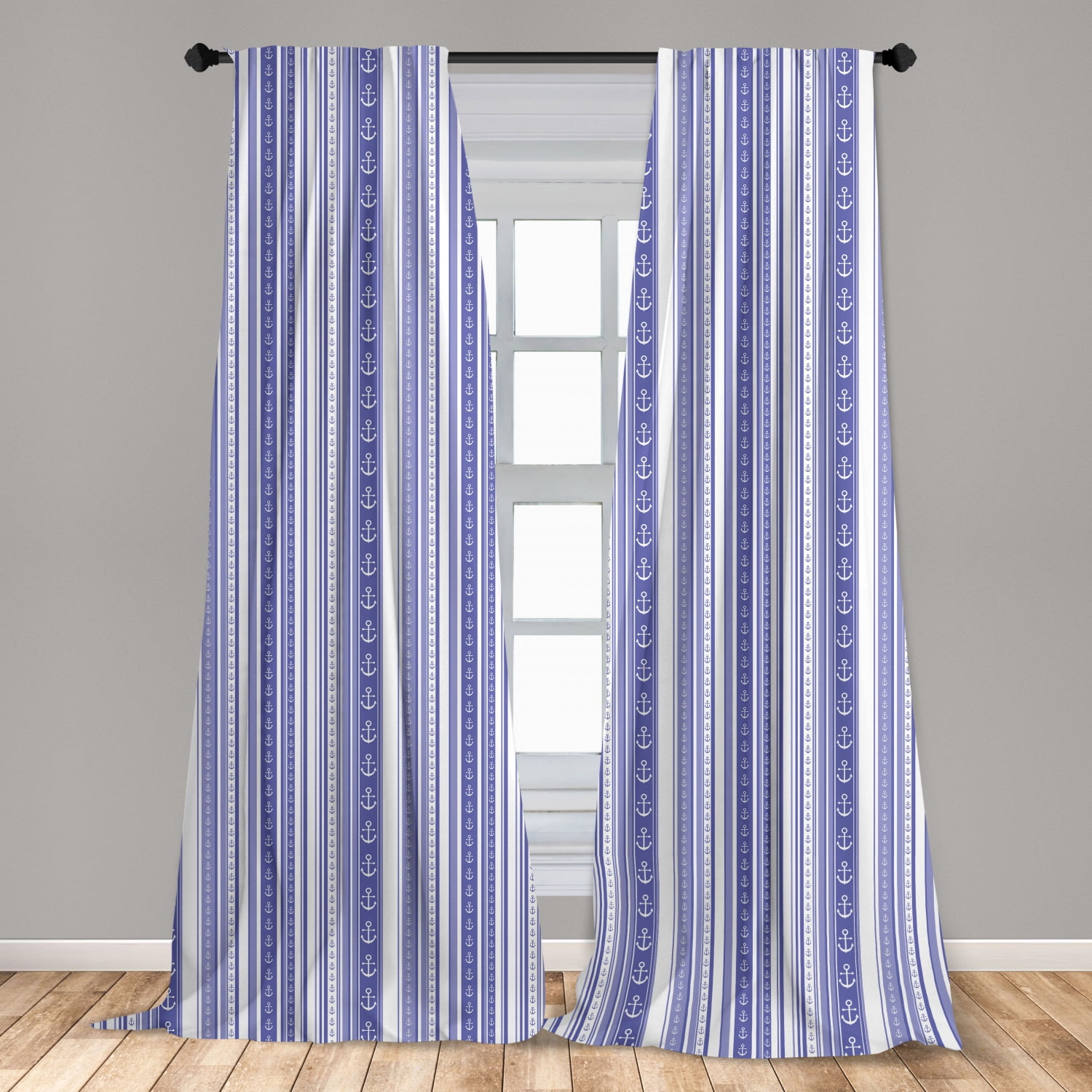 Striped Curtains 2 Panels Set, Nautical Anchors and Tape Motifs Sea ...