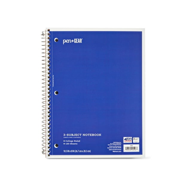 Pen+Gear College Ruled 3-Subject Spiral Notebook, Blue, 10.5" x 8", 120 ...
