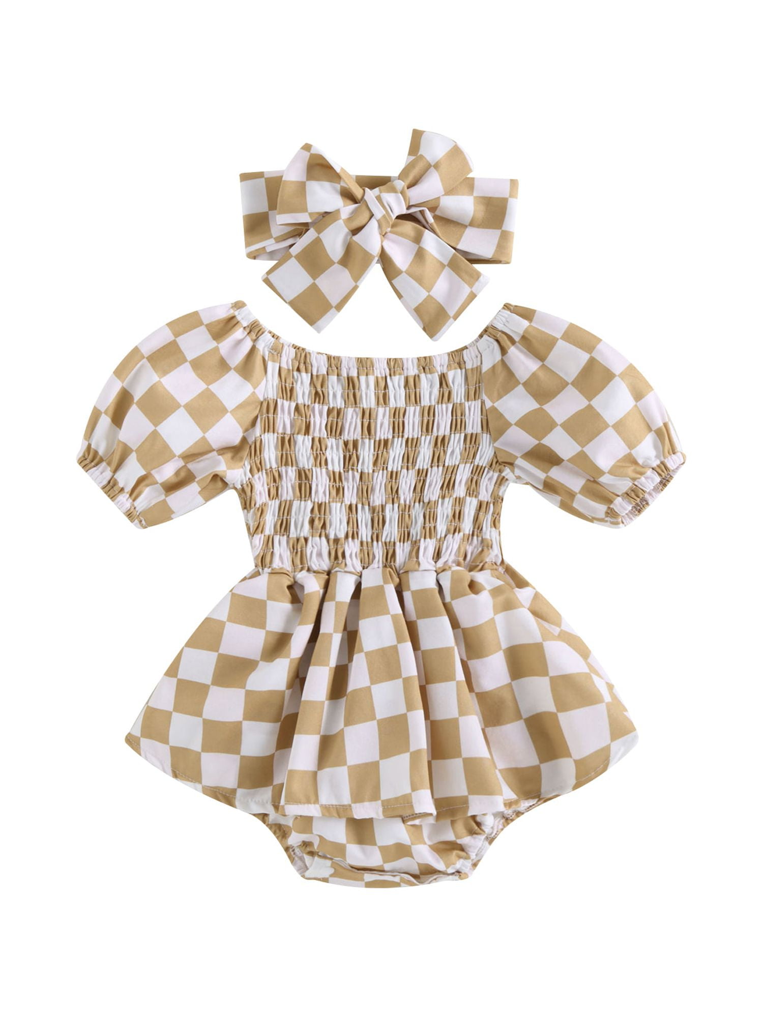 Bagilaanoe Newborn Baby Girl Rompers Dress Checkerboard Print Short Sleeve Bodysuit + Headband ...