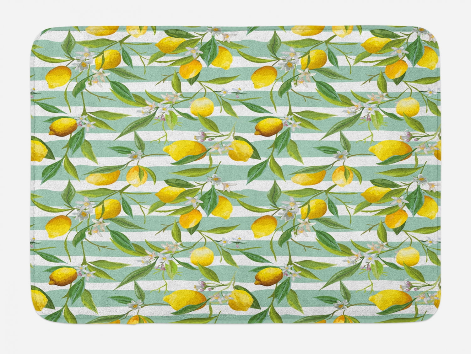Nature Bath Mat, Blooming Lemon Tree on Striped Paintbrush Background ...