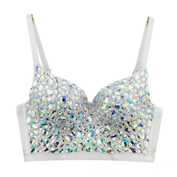 Womens Sexy Rhinestone Bustier Push Up Crop Top Club Party Glitter