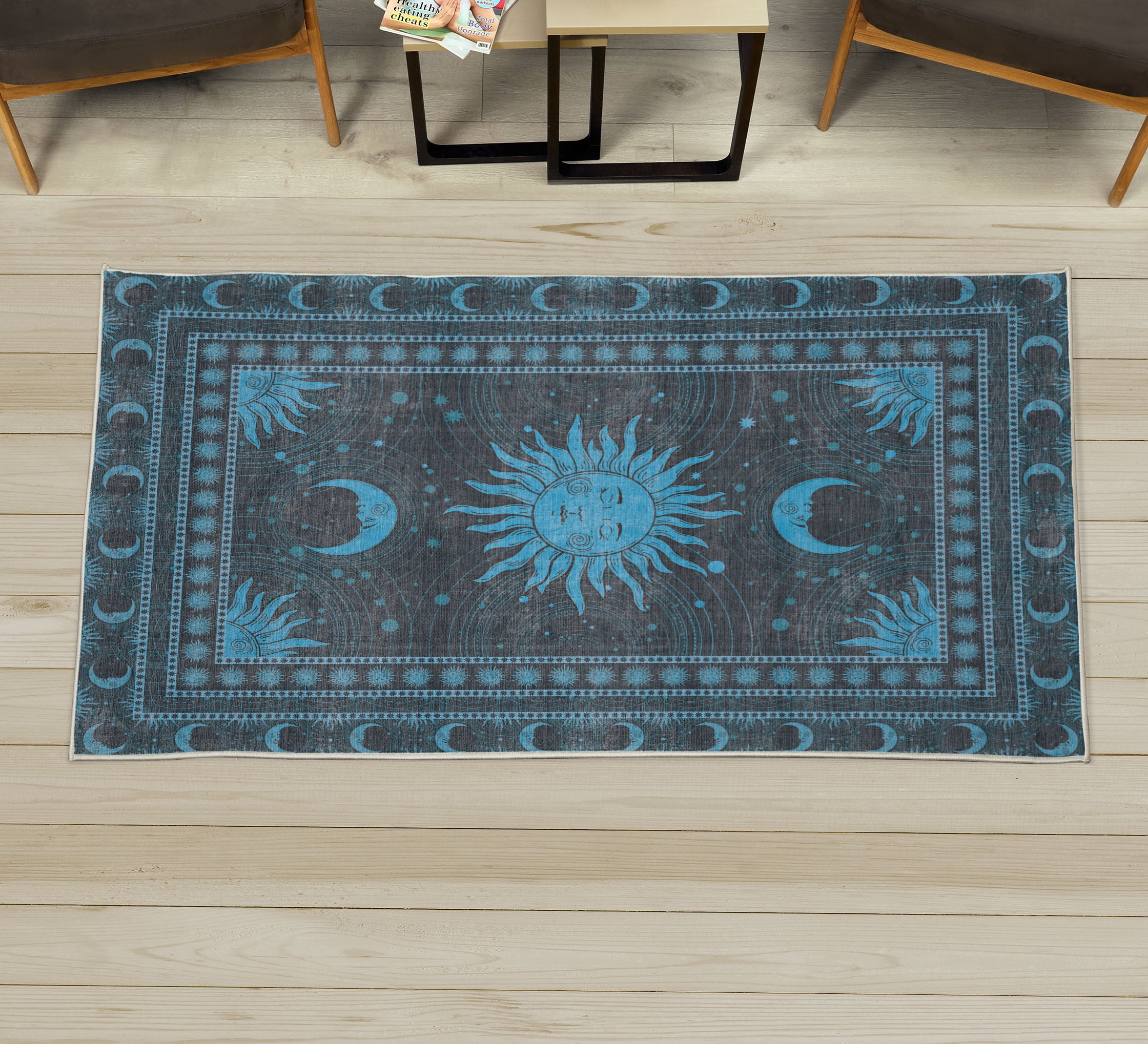 Sun and Moon Decorative Rug, Bohemian Occult Design of Crescent Solar ...