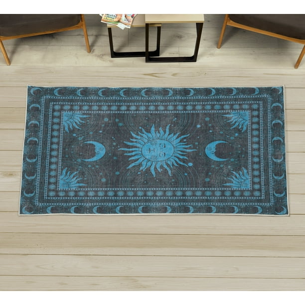 Sun and Moon Decorative Rug, Bohemian Occult Design of Crescent Solar ...