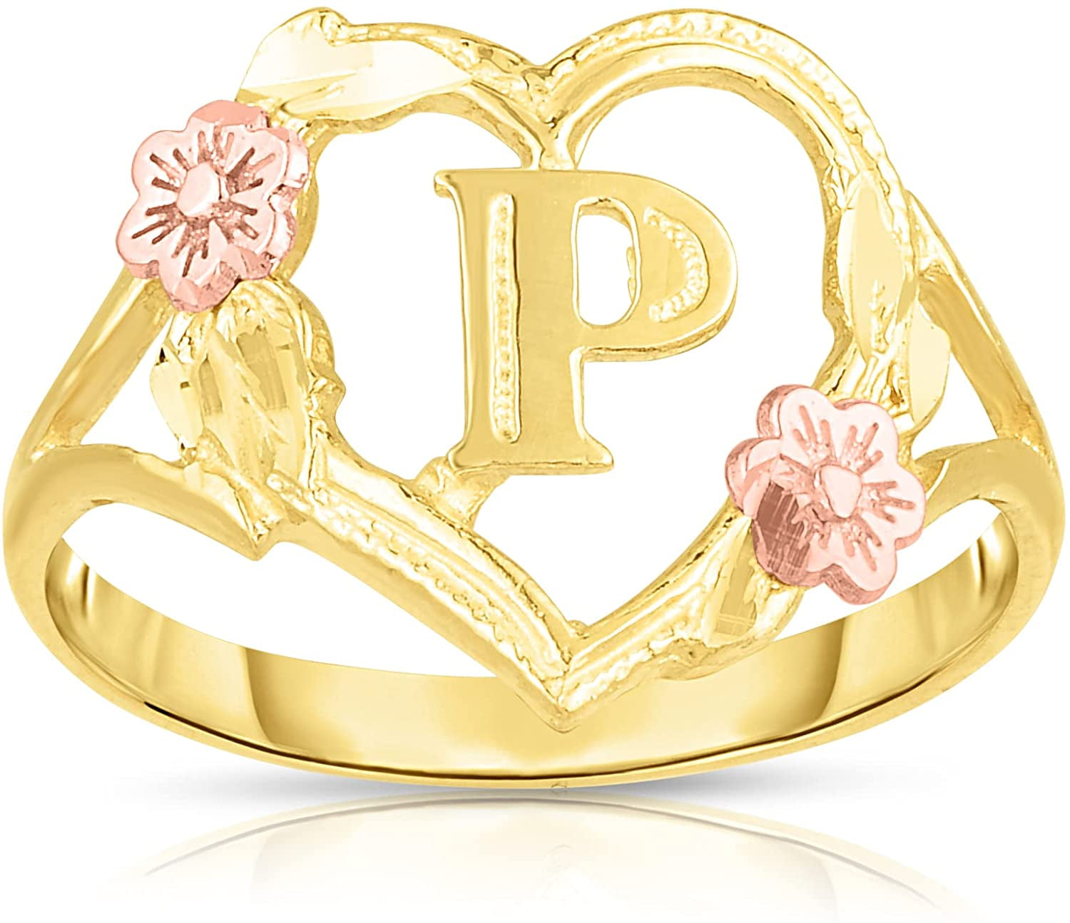 Floreo 10k Yellow Gold A-Z Letter Initial Ring with Heart and Rose Gold ...