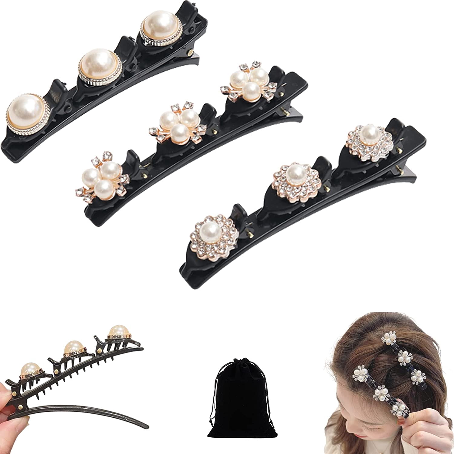 Sparkling Crystal Stone Braided Hair Clips, Satin Fabric Hair Bands ...