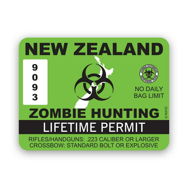 New Zealand Zombie Hunting Permit Sticker Decal - Self Adhesive Vinyl ...