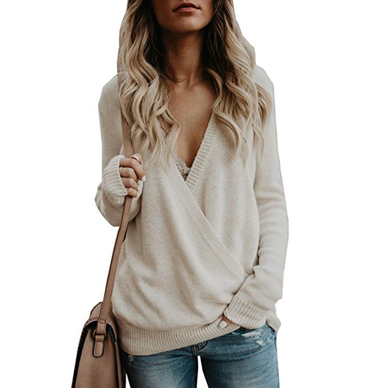 Isaac Liev Womens Knitted Deep V Neck Long Sleeve Wrap Front Loose