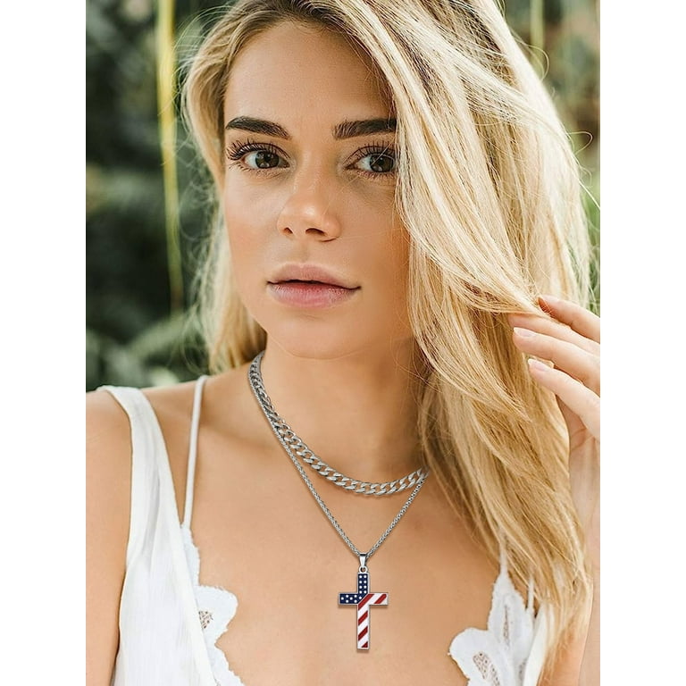 Bestyle American Flag Patriotic Cross Necklace for Women Men Stainless Steel Cross Pendant Necklace Fashion Religious Jewelry Gift