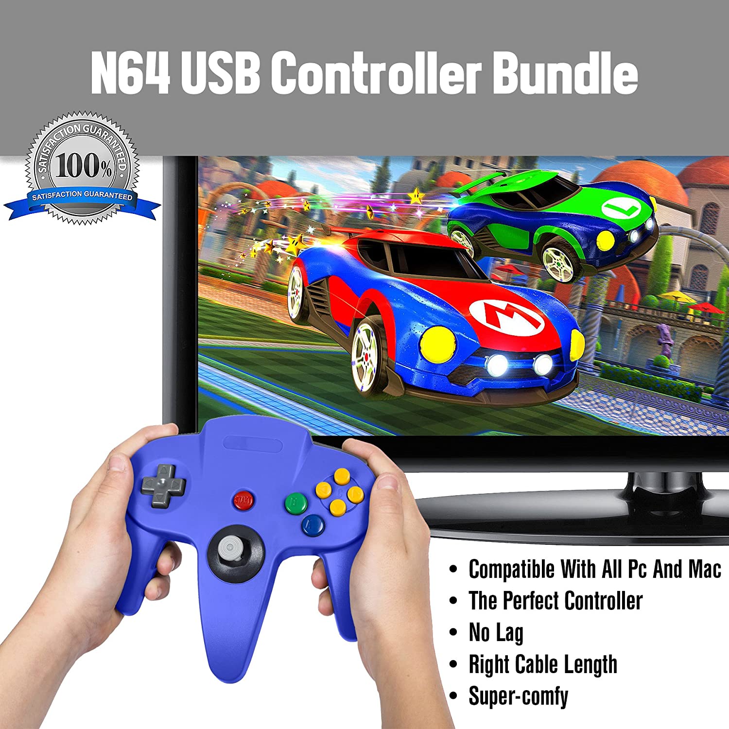 Wired Controller Joypad Gaming, N-64 Classic USB Game Blue Replacement ...