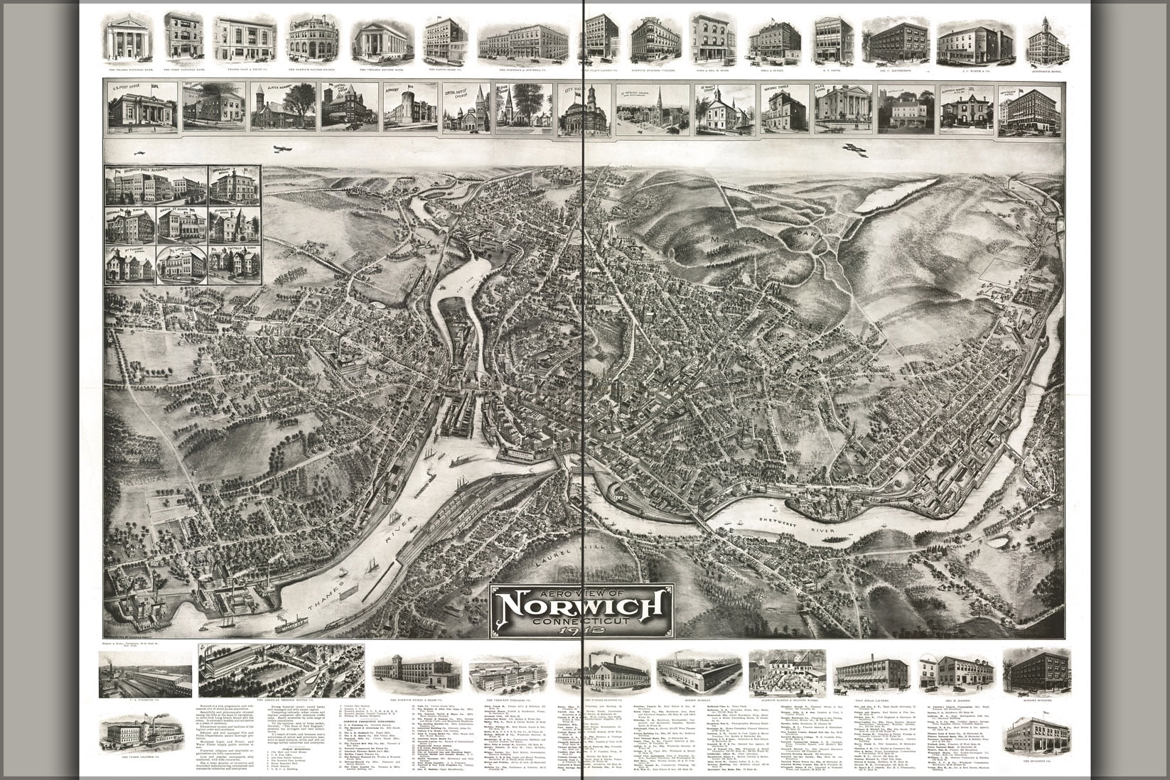 24"x36" Gallery Poster, Aero view map of Norwich, Connecticut 1912 ...