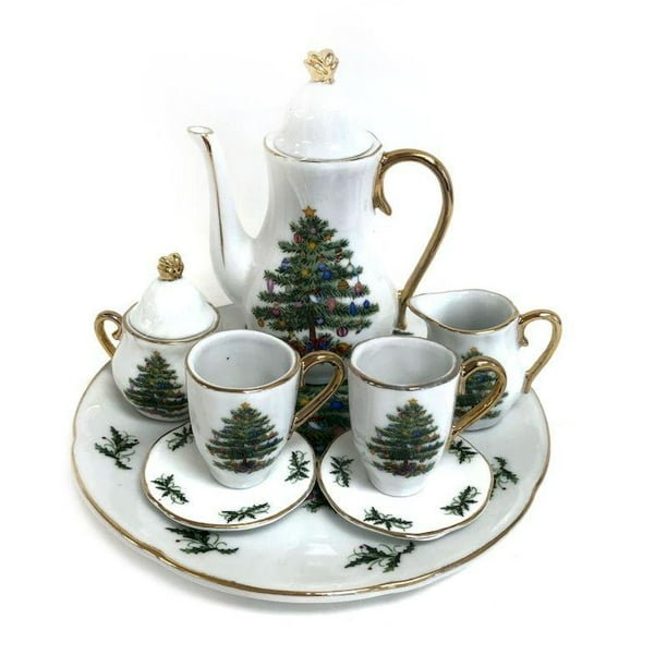 Christmas Tree Patterned Set W/2 Cups & Saucers, Teapot, Cream, Sugar ...