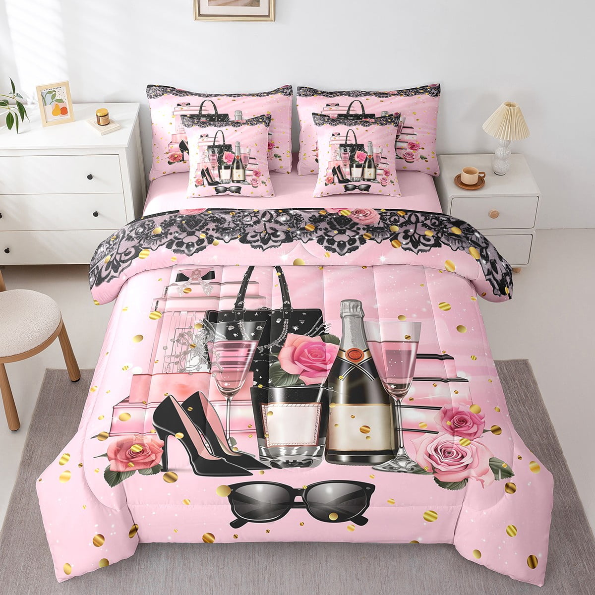 Erosebridal Romantic Pink Rose Bedding Full Size, High Heels Bed Set ...