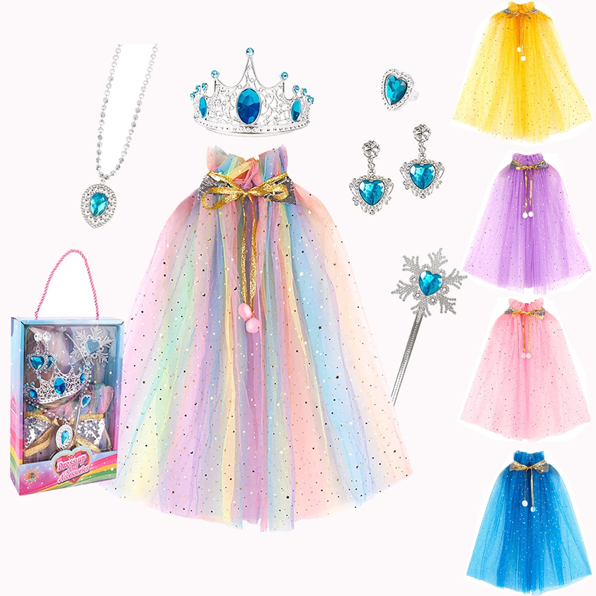 WIBACKER Princess Cape Set 6 Pieces Girls Princess Cloak with Tiara ...