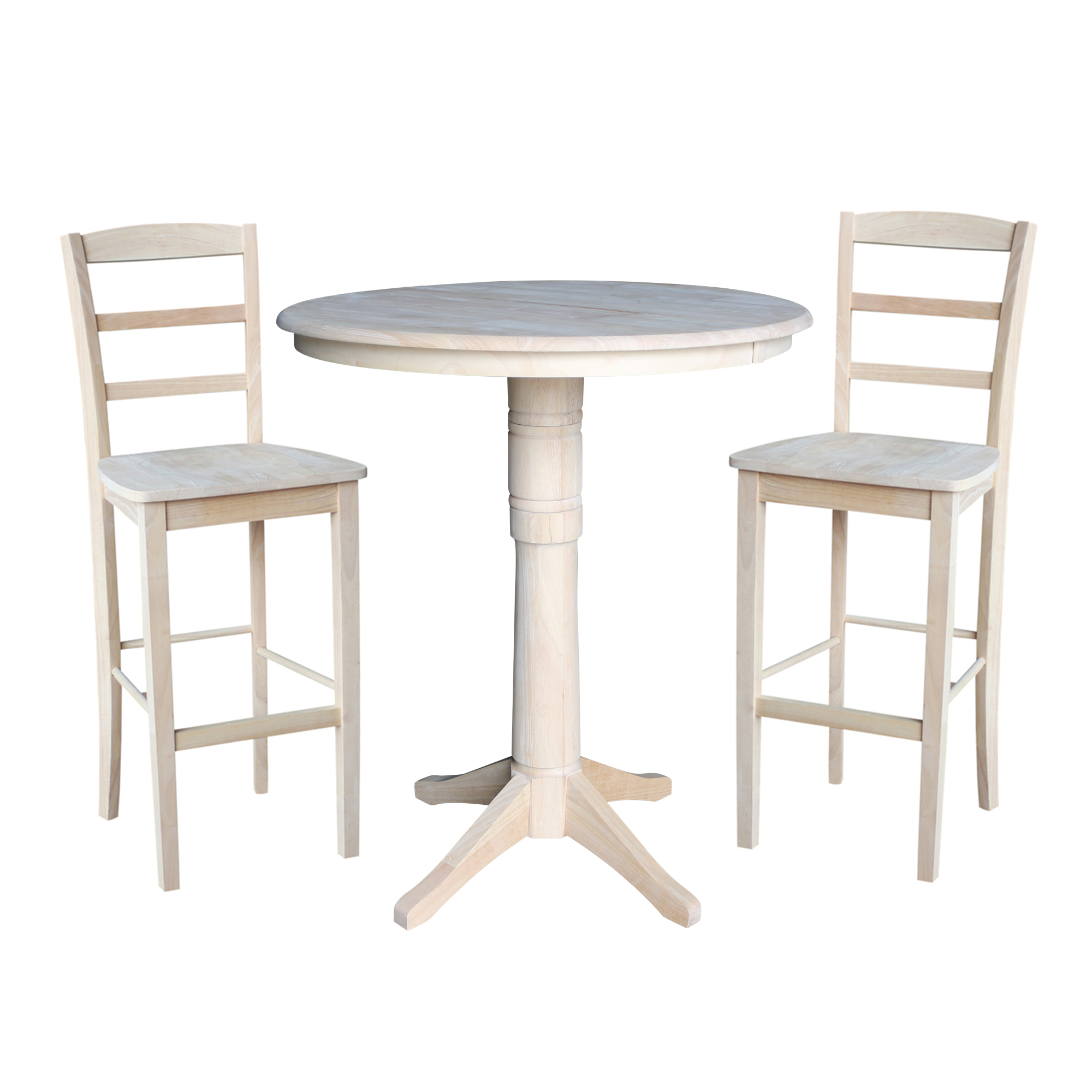 36" Round Pedestal Bar Height Table with 2 Madrid Stools – Unfinished ...