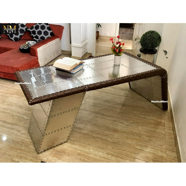 Nauticalmart Aviator Wing Desk with Storage Aluminum and Leather Office ...