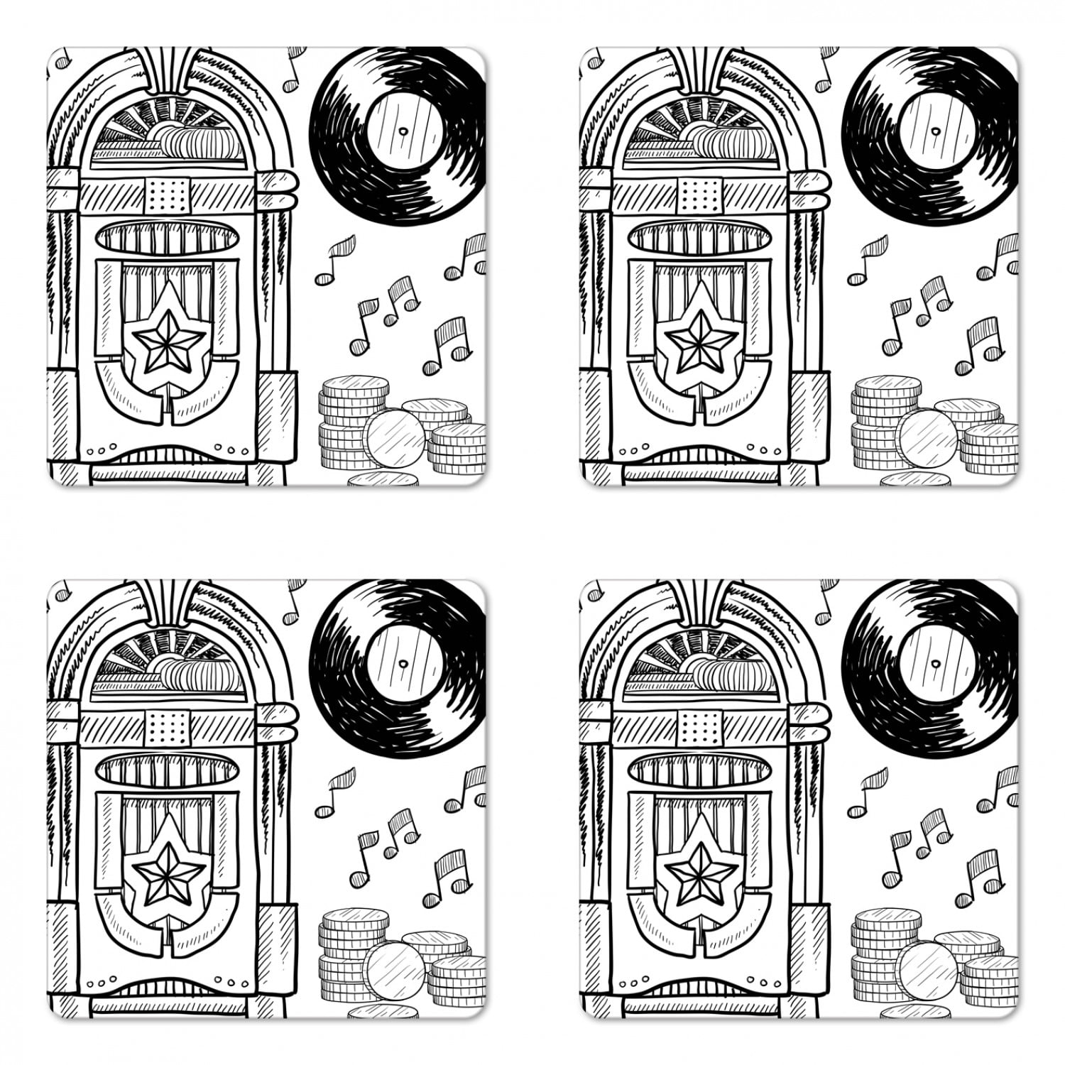 Jukebox Coaster Set of 4, Doodle Style Retro Music Box Notes Coins Long ...