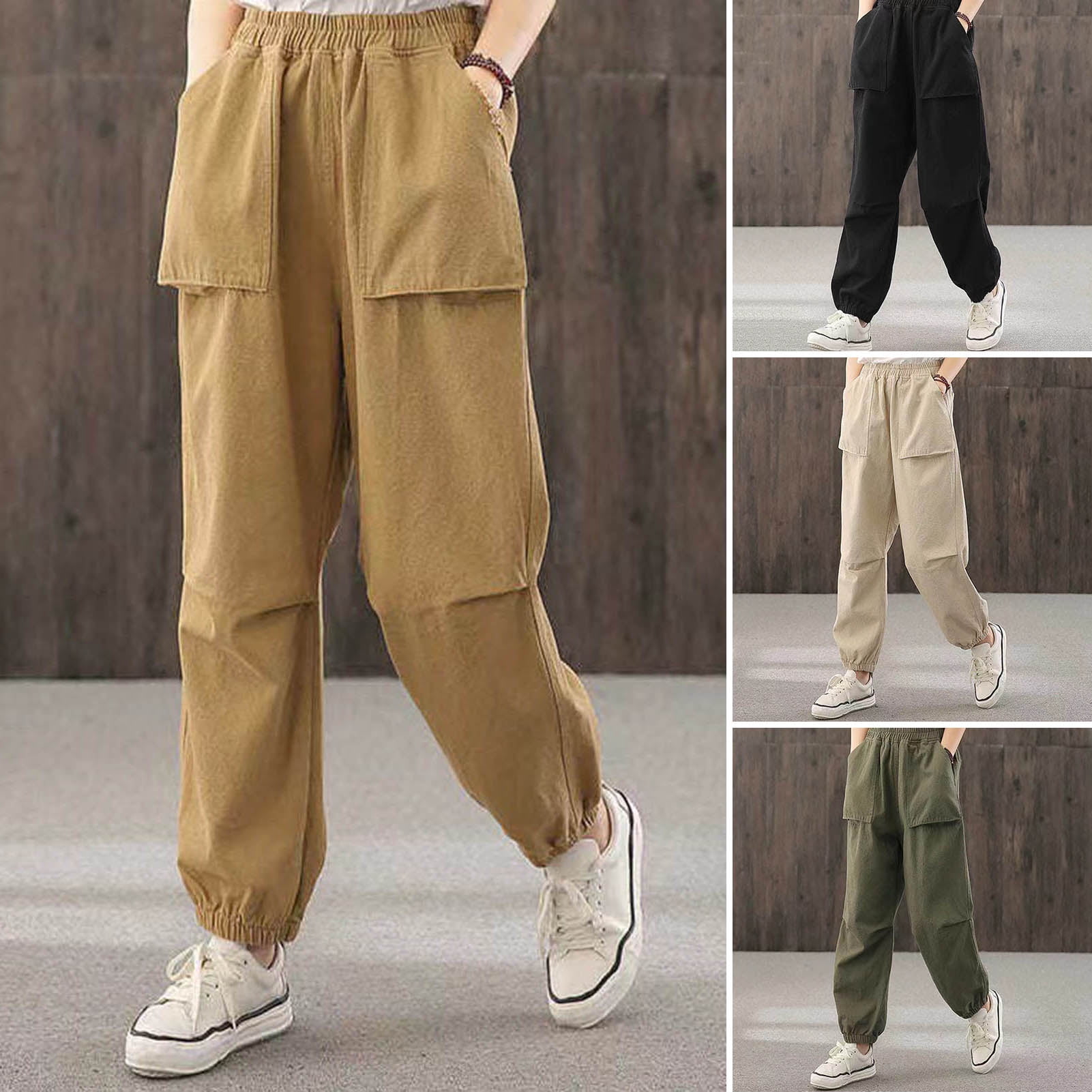 Mid-Rise Elastic Waistband Big Pockets Shrinkable Ankle Women Trousers ...