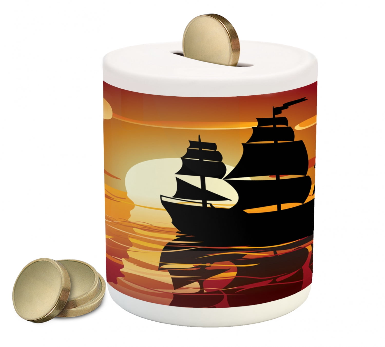 Vintage Boat Piggy Bank, Sunset Sailing Old Boat Horizon Dramatic Ocean ...