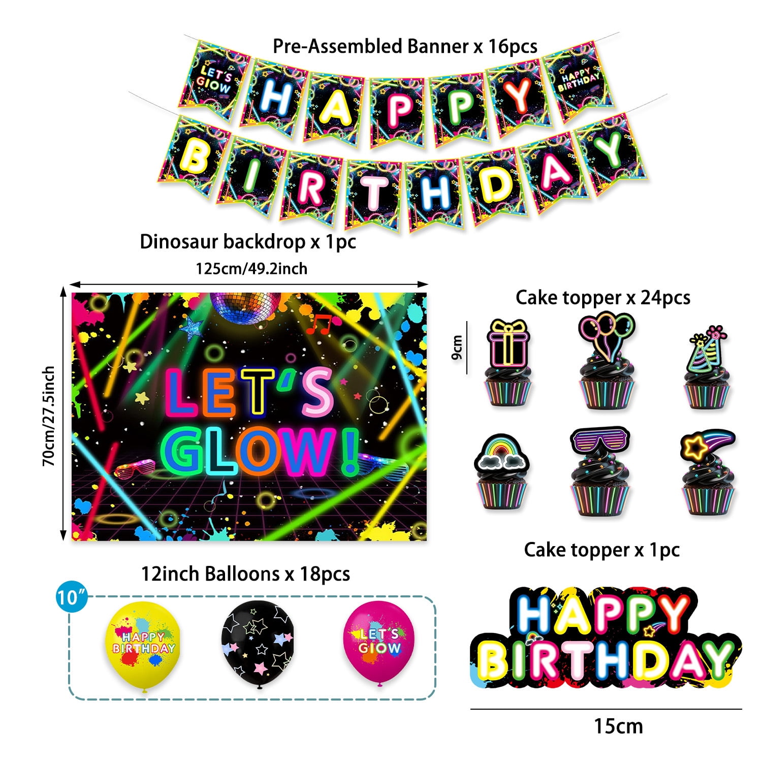 Neon Happy Birthday Themed Cartoon Party Supplies, Tableware, Birthday ...