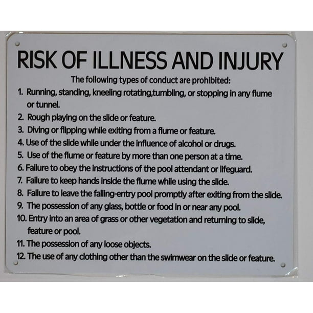 Pool Risk of Illness and Injury Notice Sign (White, Rust Free Aluminium ...