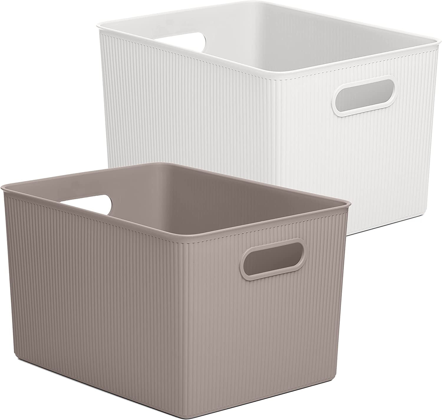 Superio 22L Large Ribbed Storage Bin with Lid, Plastic (2 Pack, Taupe ...