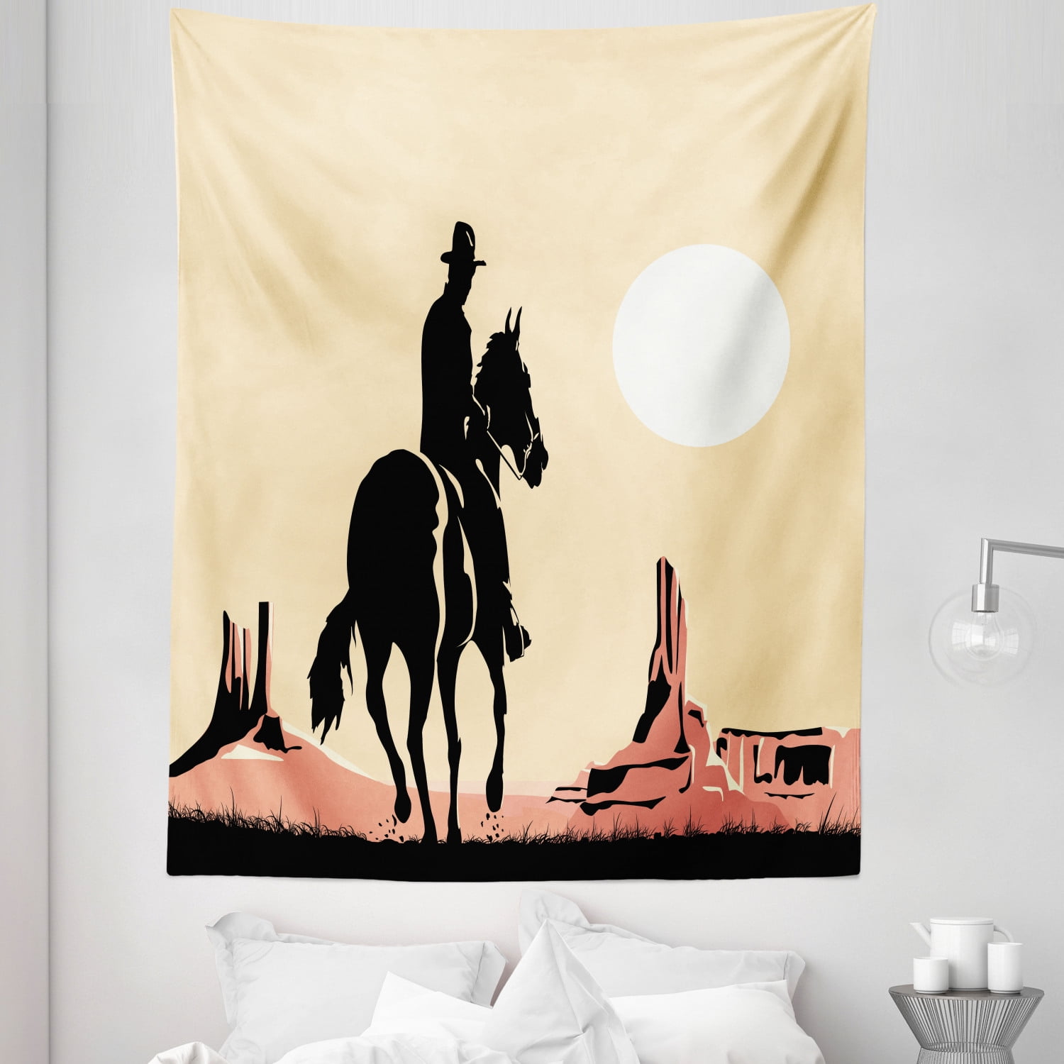 Western Tapestry, Image Art of Cowboy Riding Horse Towards Sunset in ...