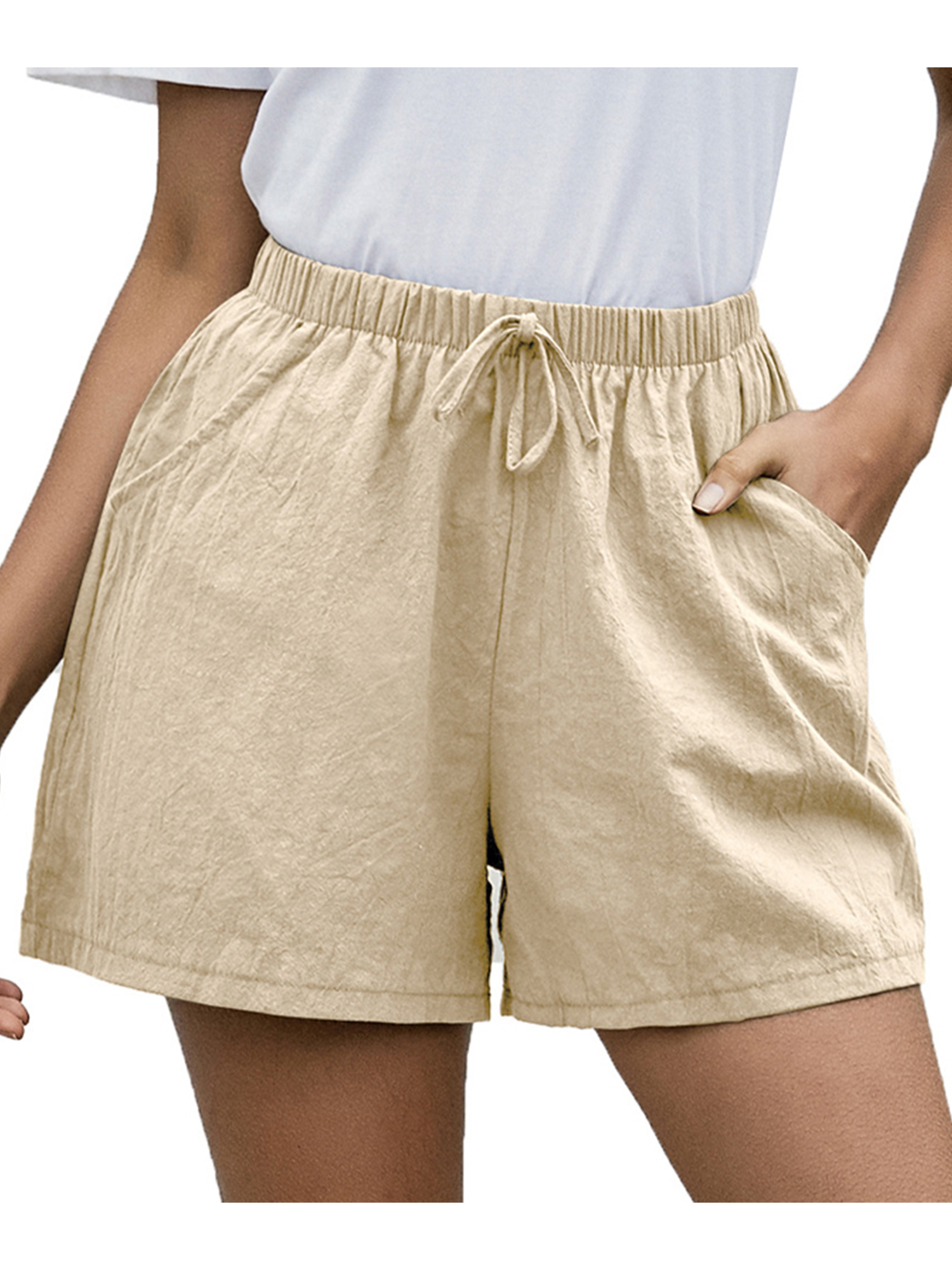 Wodstyle Womens Cotton Linen Plain Elastic Waisted Summer Shorts Lace