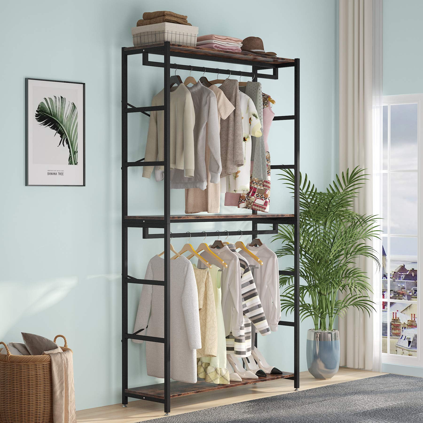 Tribesigns Free-standing Closet Organizer with 3 Storage Shelves and 2 ...
