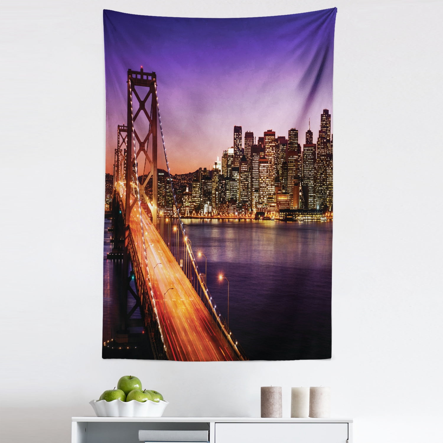 Cityscape Tapestry, City at Night Bridge on River Skyscrapers Cities ...