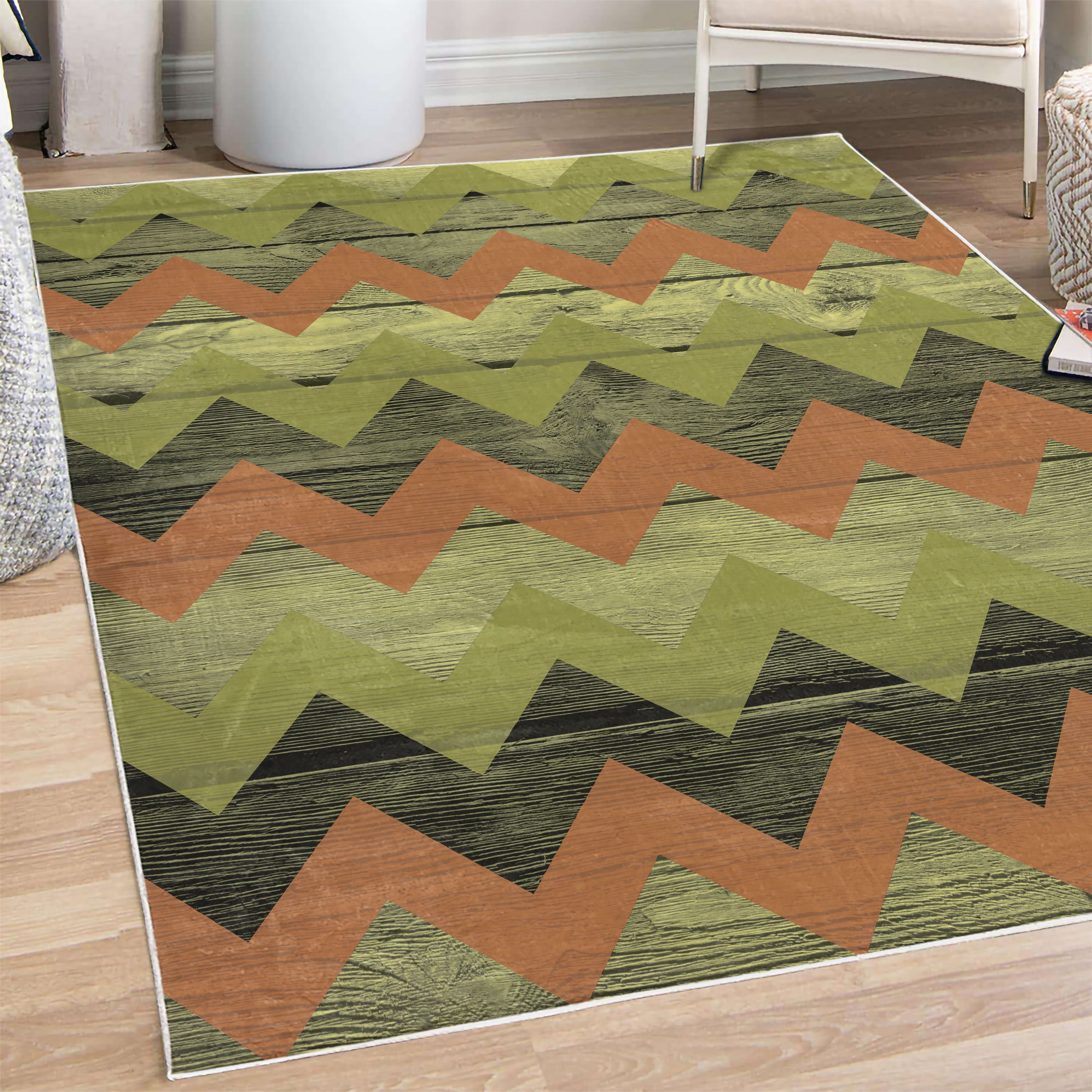 Chevron Decorative Rug, Zig Zag Lines Pattern on Wooden Looking ...
