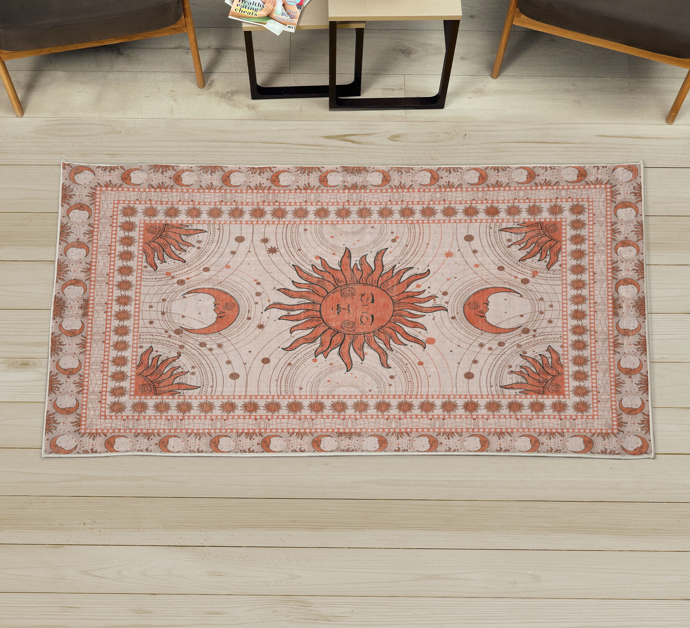 Sun and Moon Decorative Rug, Bohemian Occult Design of Crescent Solar ...