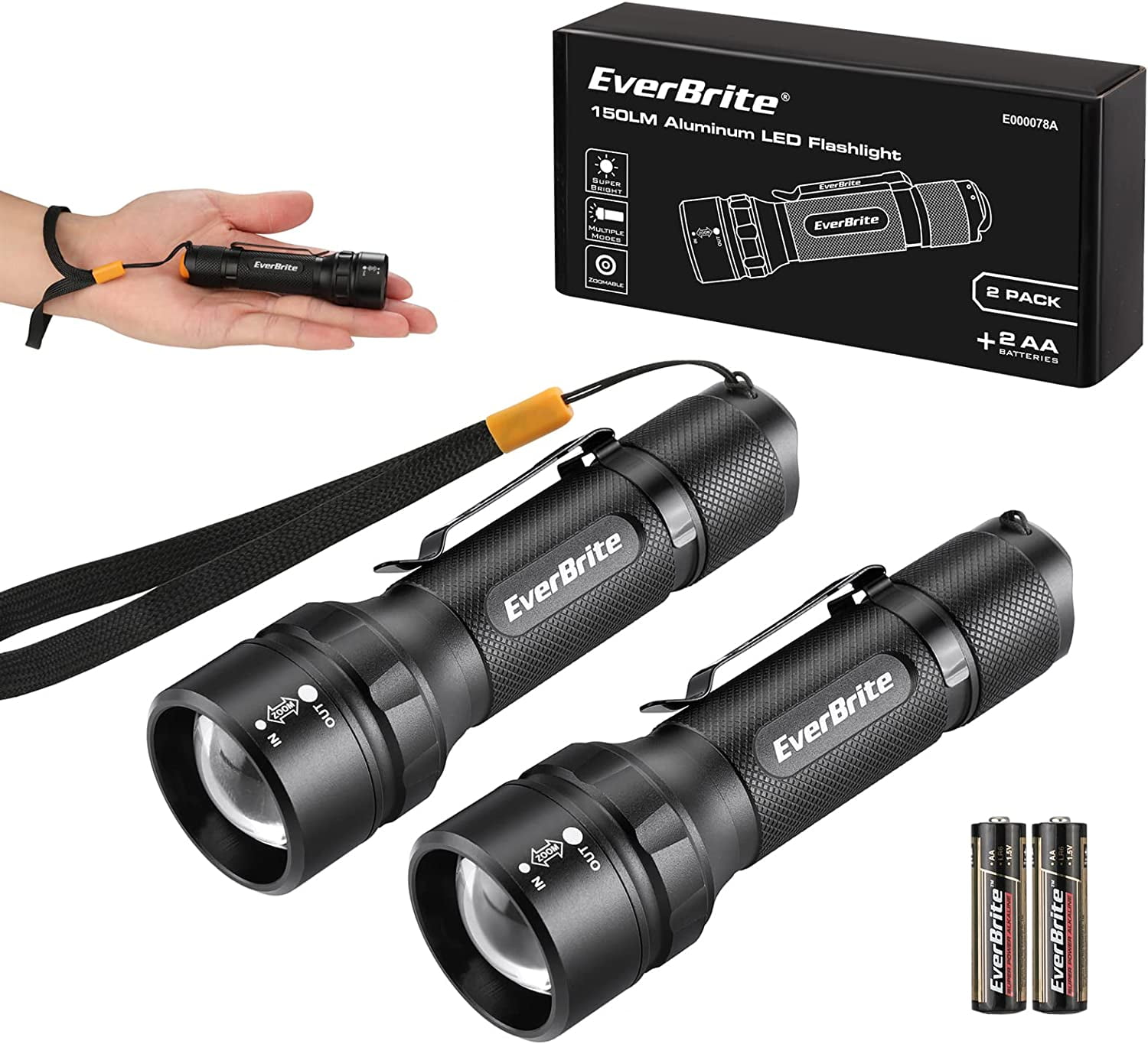 EverBrite 2-Pack 150 Lumens Super Small Mini LED Flashlight, Zoomable ...
