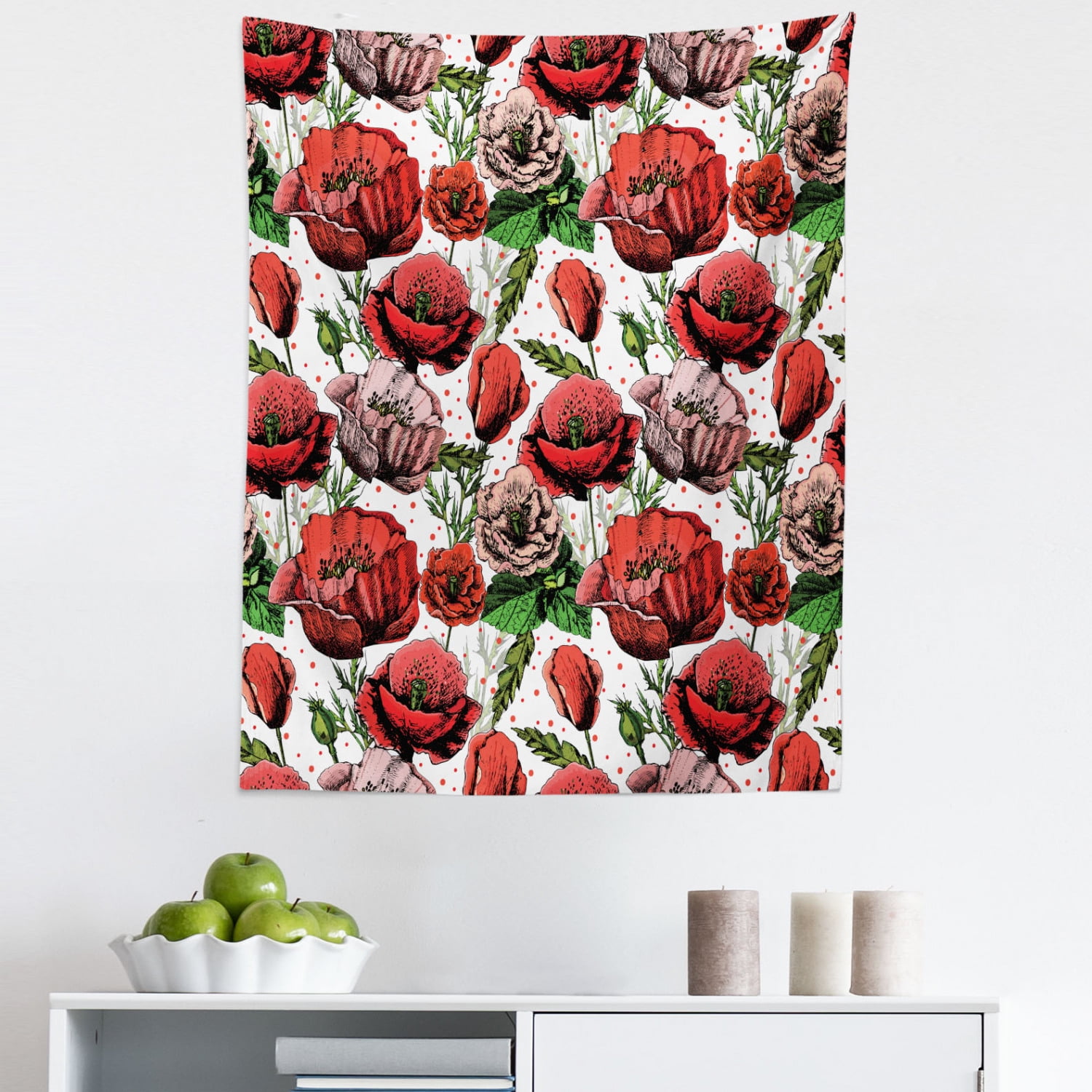 Poppy Flower Tapestry, Pattern with Colorful Poppy Flowers Polkadot ...