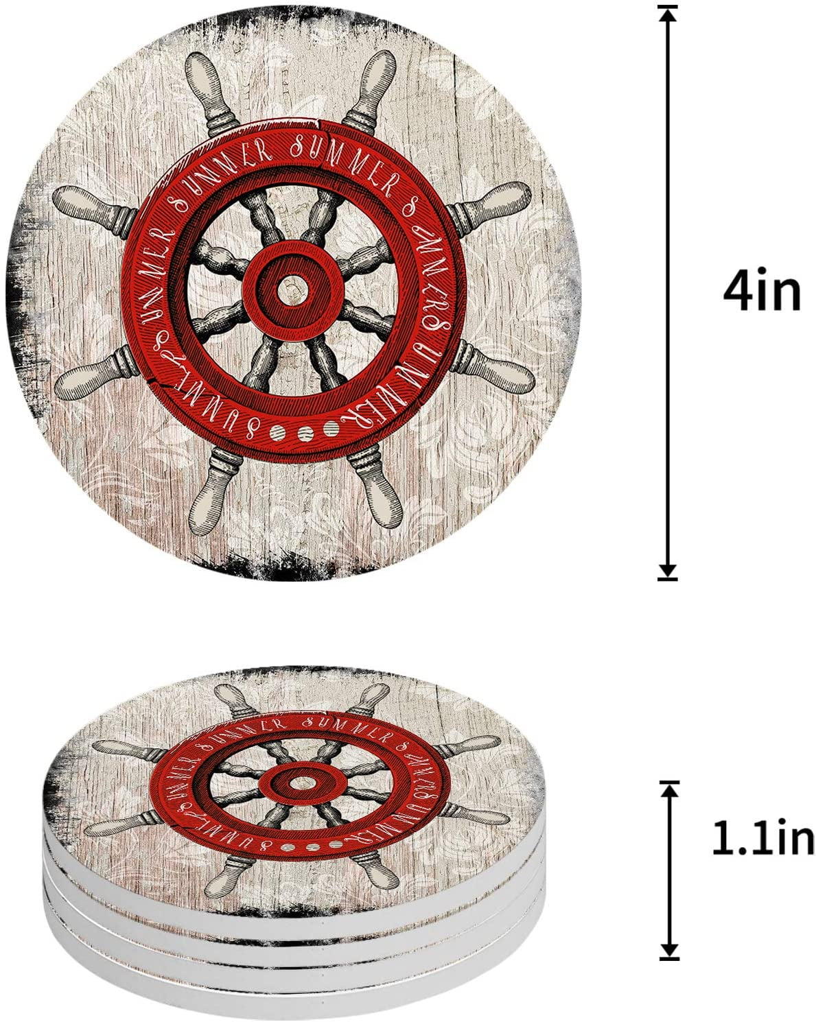 FMSHPON Nautical Theme Rudder Swimming Wood Grain Set of 4 Round ...