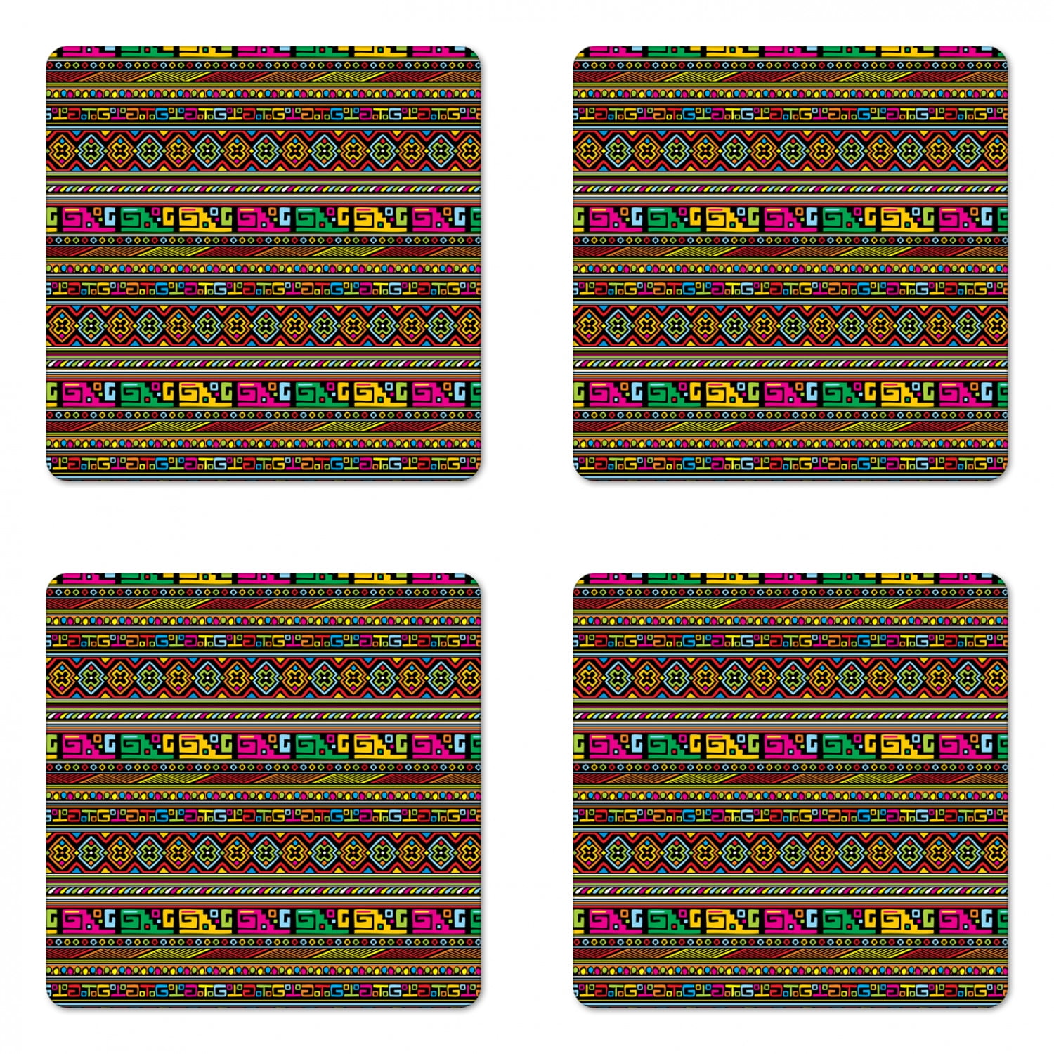 African Coaster Set of 4, Ancestral Borders in Lively Colors Geometric ...