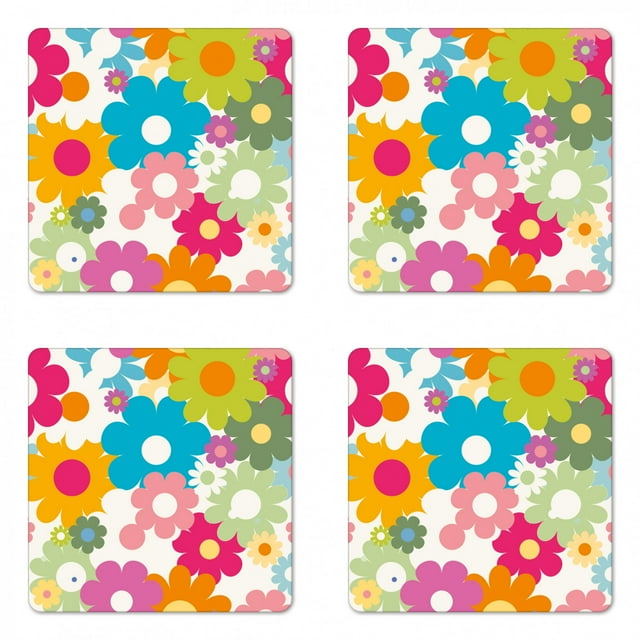 Floral Coaster Set of 4, Rainbow Colored Vivid Image Sixties Inspired ...