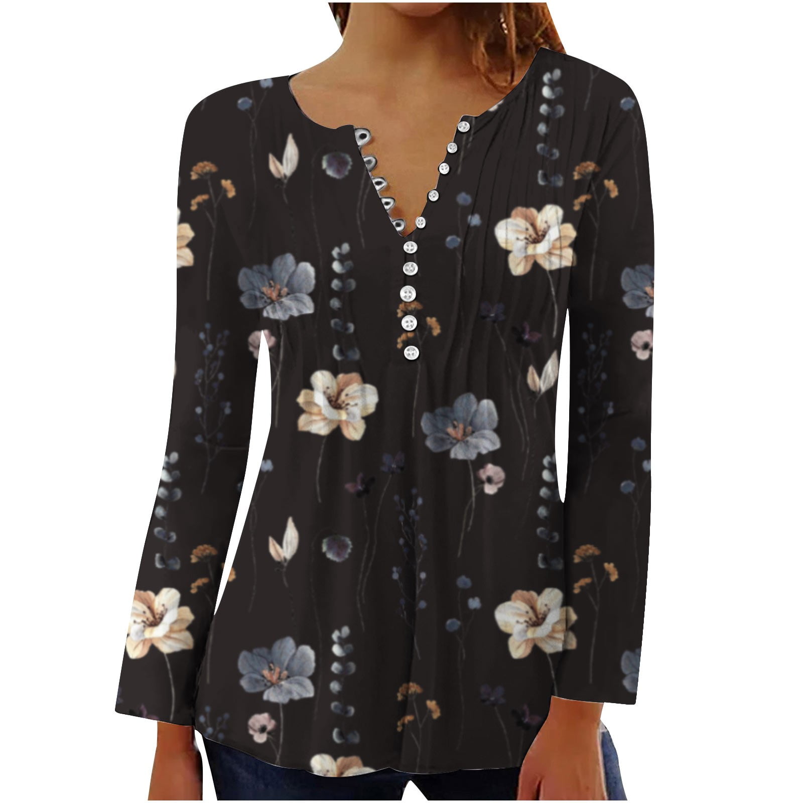 DDAPJ pyju Women's Loose Tunic Tops Long Sleeve V-neck Shirt Tail ...