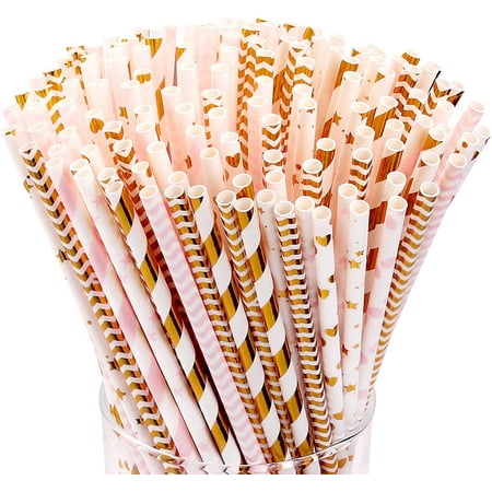 Hiware 200-Pack Pink/Gold Party Paper Straws - 8 Different Patterns ...