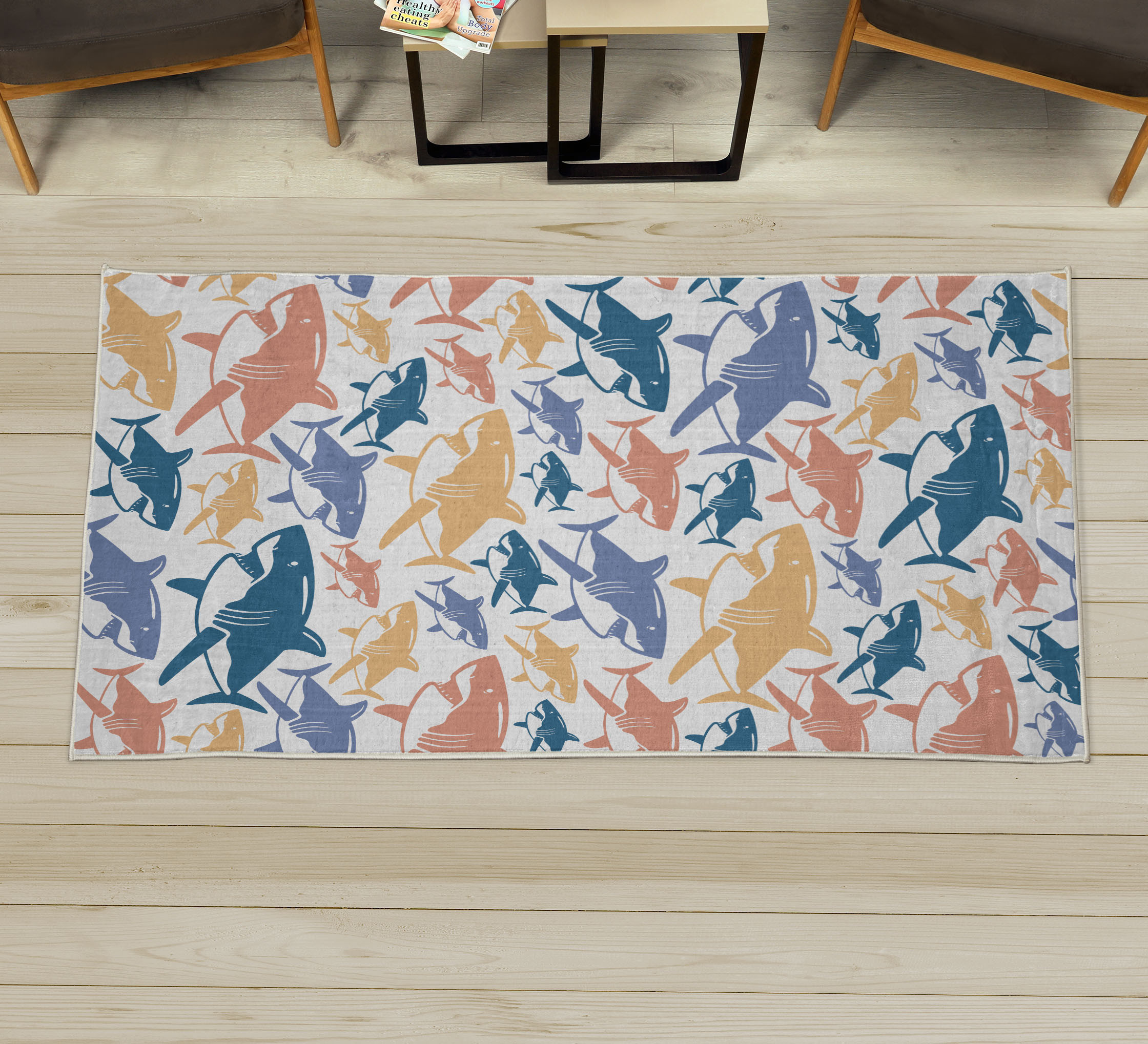 Shark Decorative Rug, Colorful Underwater Fish Pattern Masters Survival ...