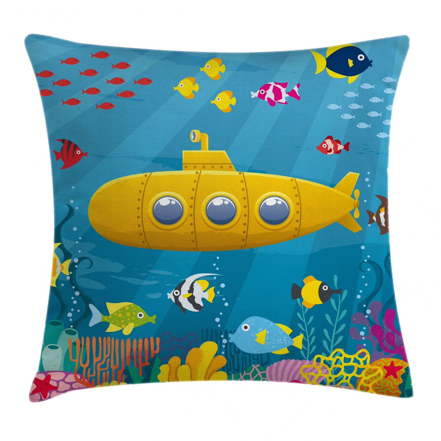 Yellow Submarine Throw Pillow Cushion Cover, Coral Reef with Colorful ...