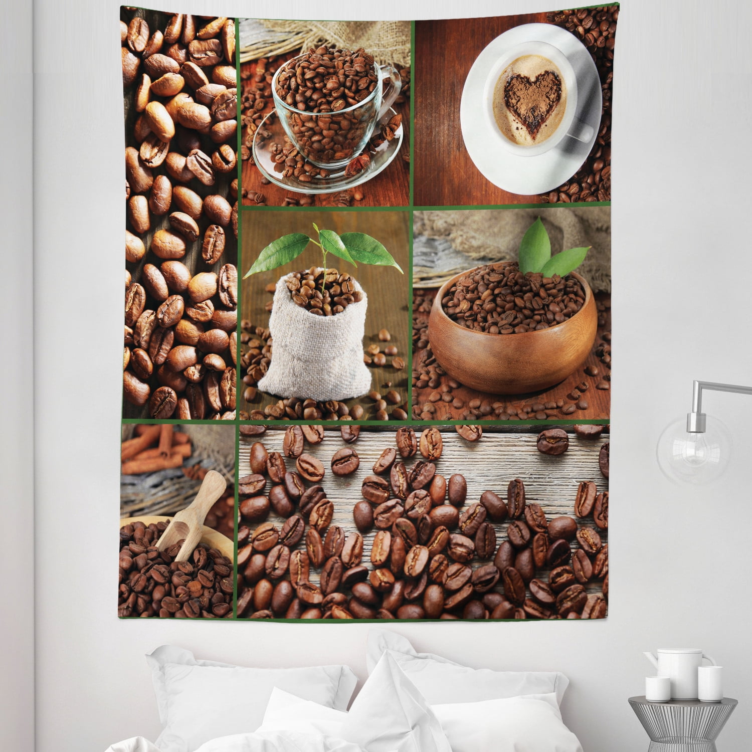 Brown Tapestry, Collage of Coffee Beans in Cups and Bags with Green ...