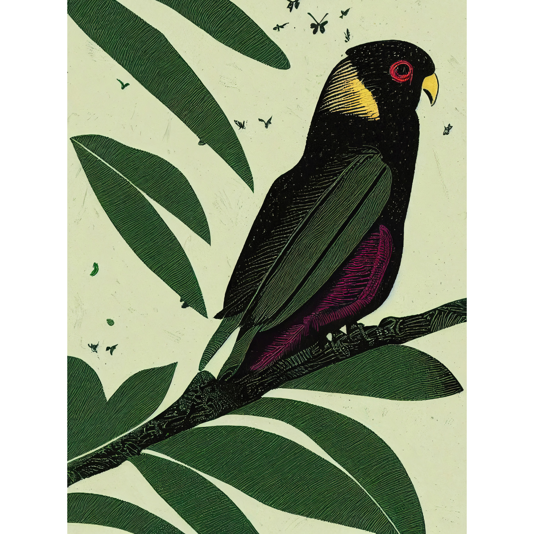 Wild Parrot On Tree Branch Vintage Linocut Illustration Unframed Wall ...