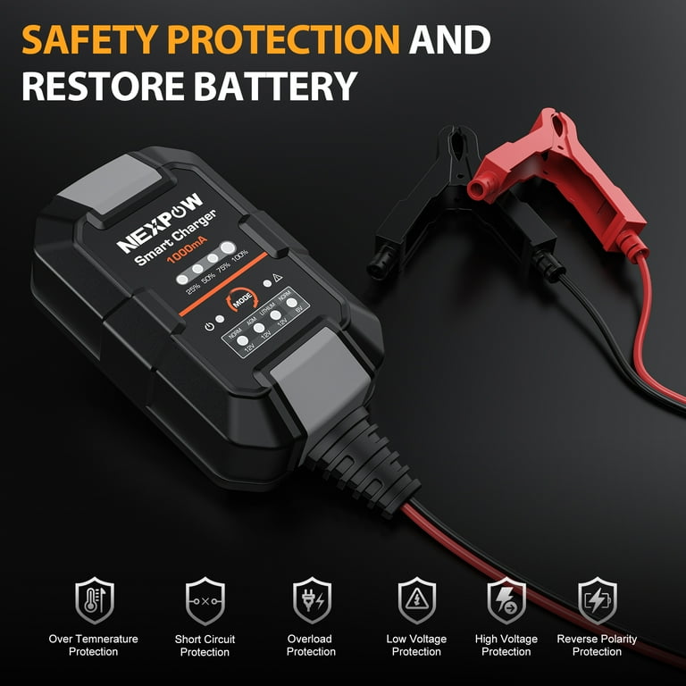 Nexpow Automotive Battery Charger 6V 12V 1A Trickle Charger Battery Maintainer for Vehicles