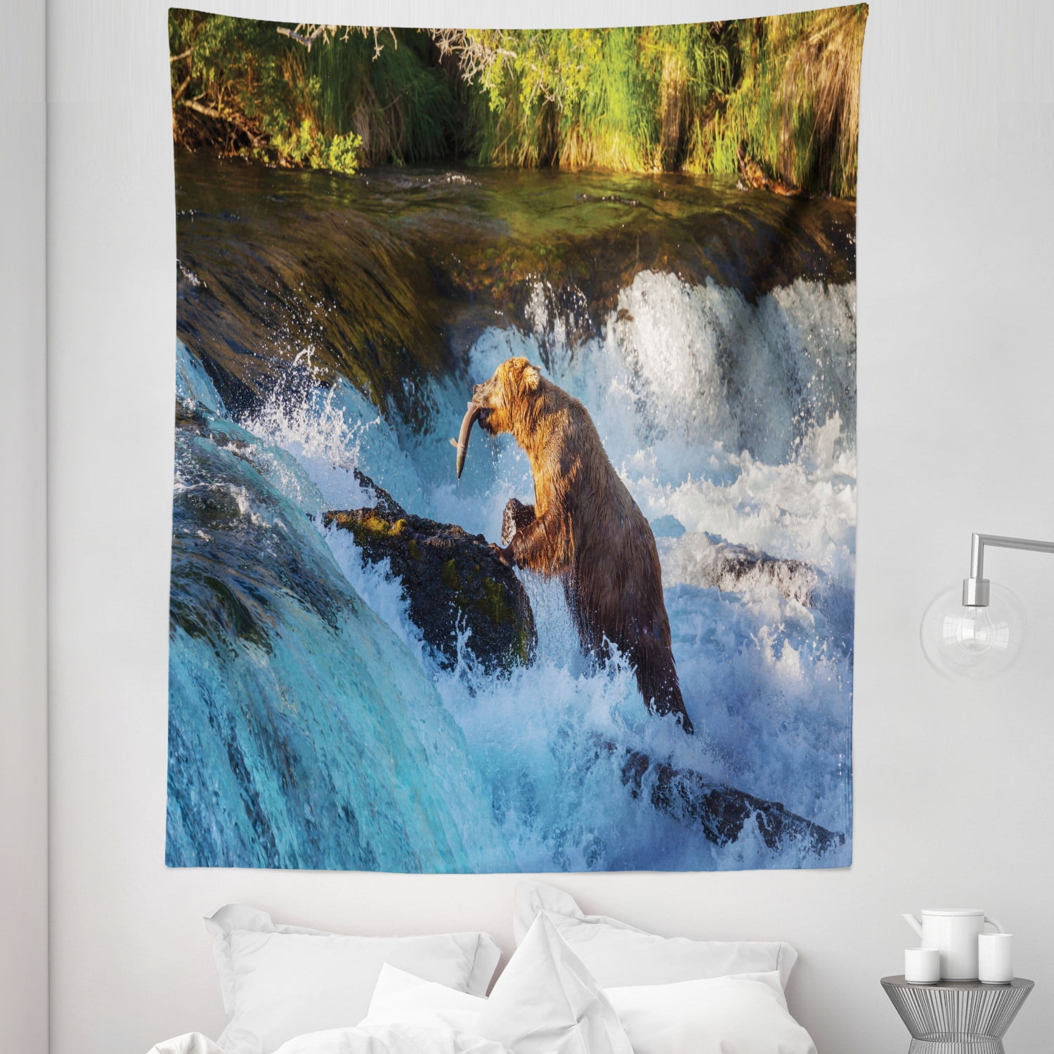 Bear Tapestry, Image of Large Bear by a Rock in Alaska Waterfall ...
