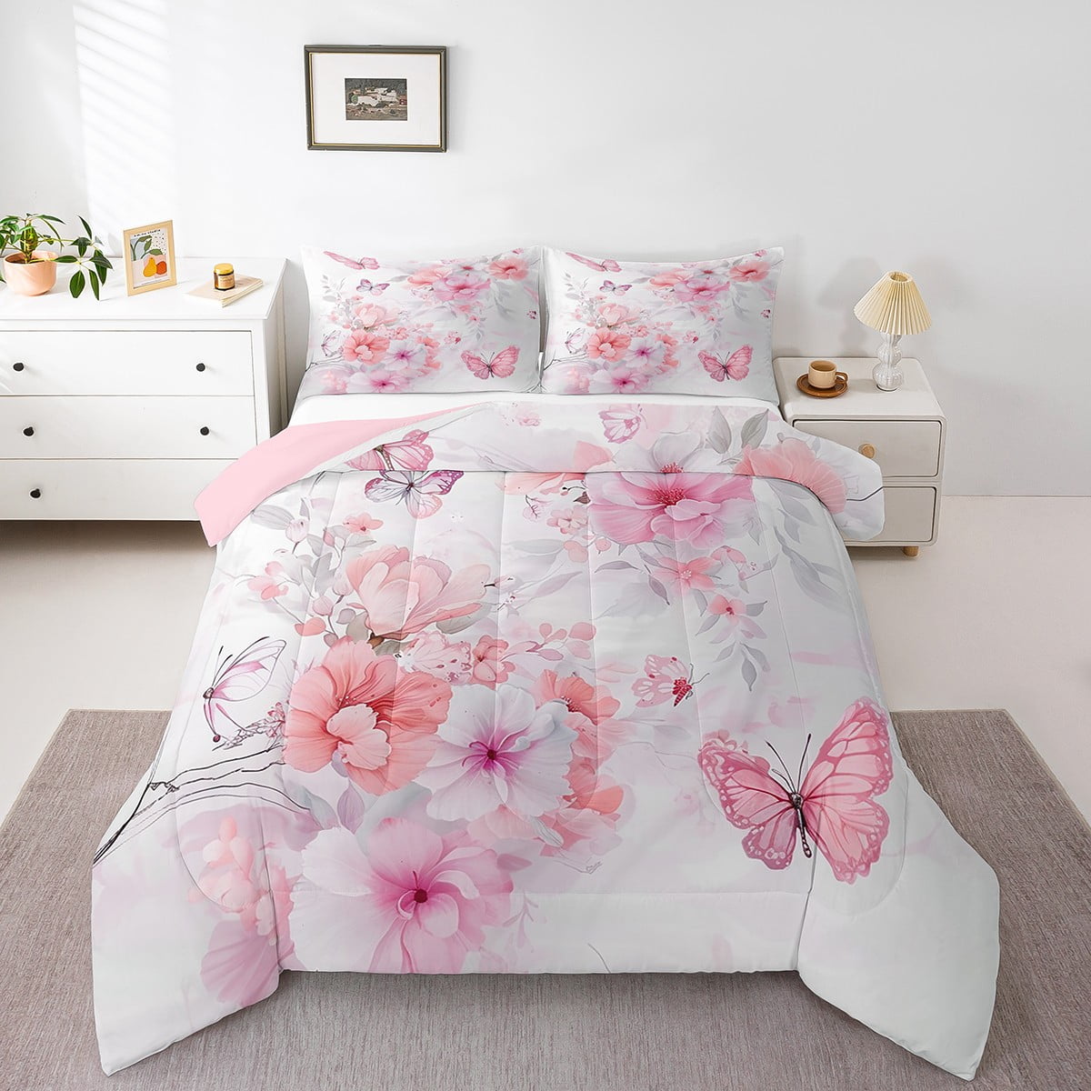 YST Pink Butterfly Twin Comforter Set,Girly Romantic Flowers Bedding ...
