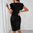 Black Solid Color V-Neck Sheath Dress With Ruffle Cap Sleeves And Mesh ...